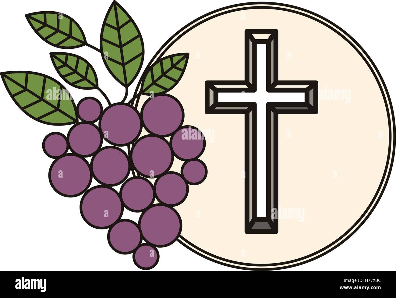 bunch of grapes fruit icon and religious cross over white background ...