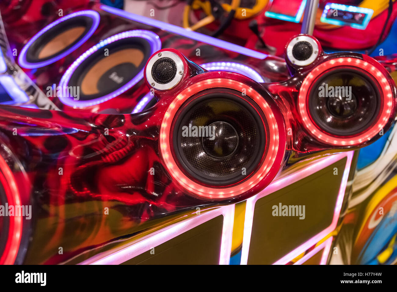colorful lights of stereo and speakers in car in the night Stock Photo ...