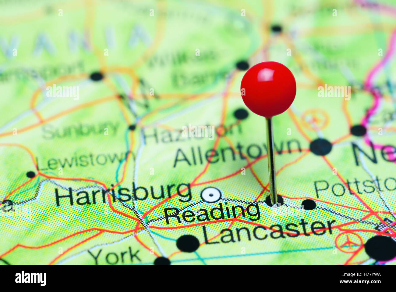 Reading pinned on a map of Pennsylvania, USA Stock Photo - Alamy