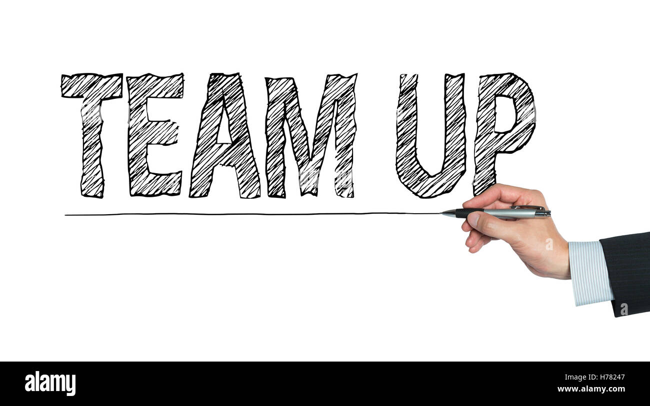 team up written by hand, hand writing on transparent board, photo Stock ...