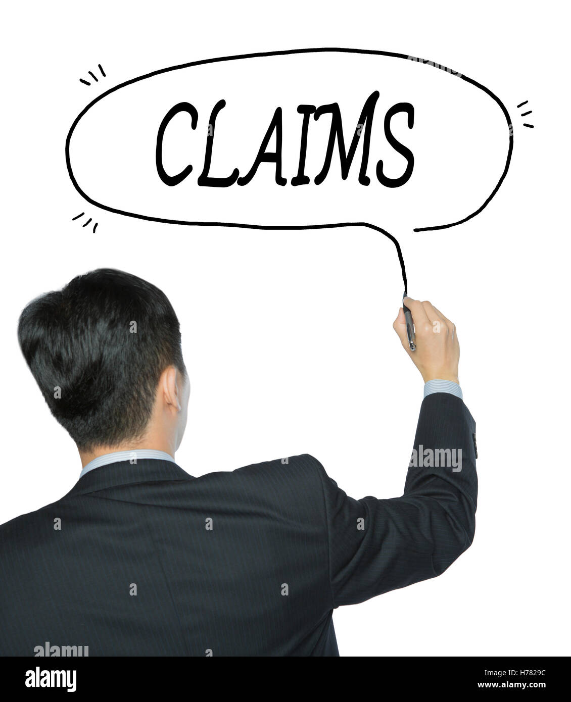 claims written by businessman in black suit, hand writing on ...