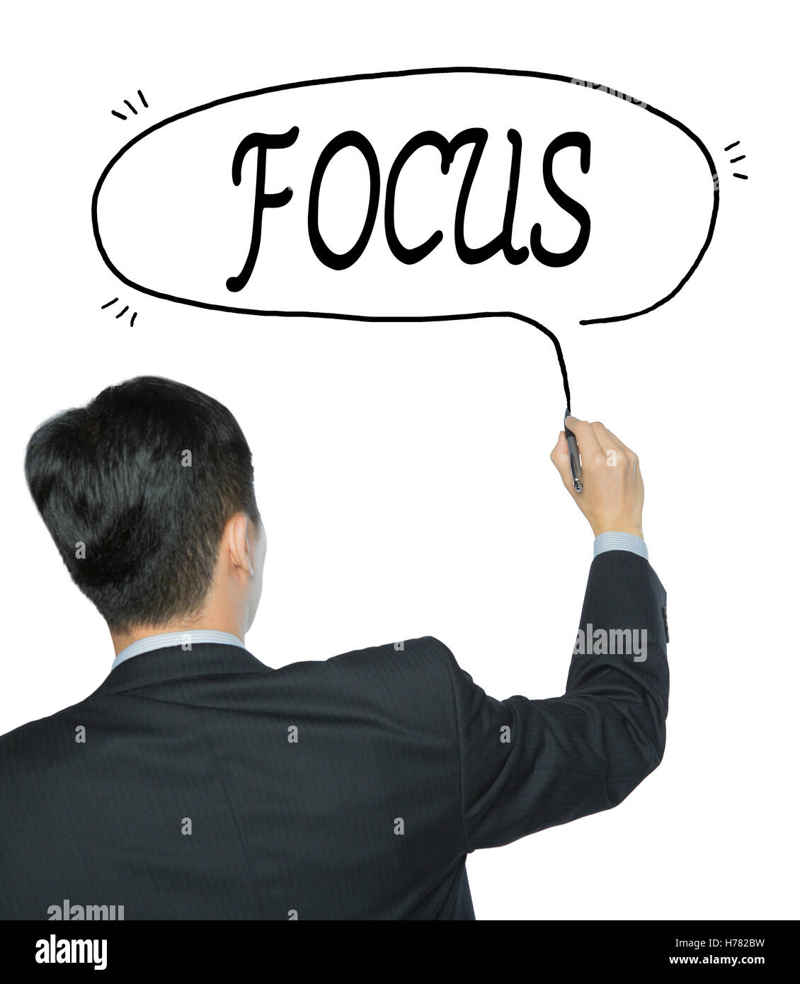 focus written by businessman in black suit, hand writing on transparent ...