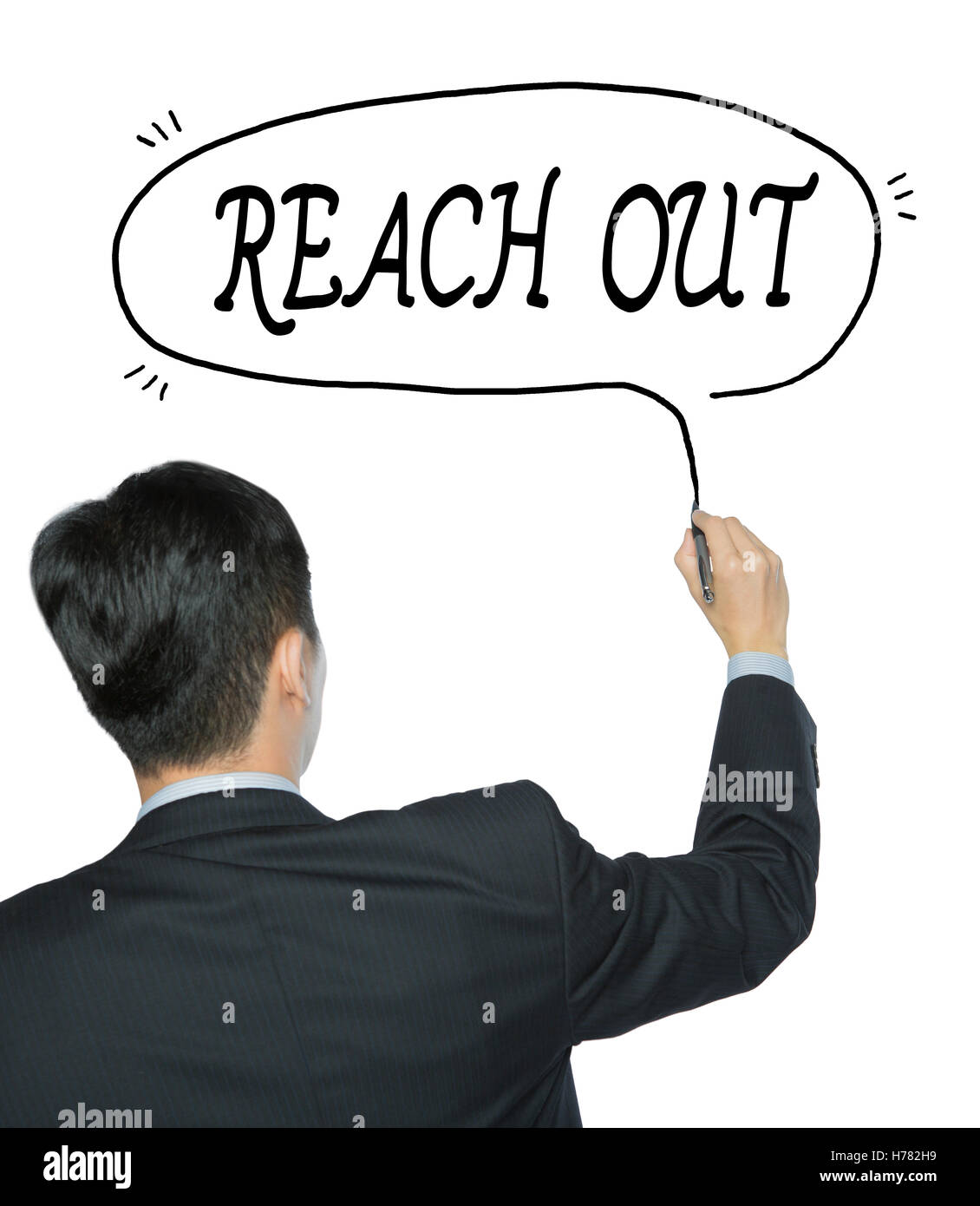 reach out written by businessman in black suit, hand writing on ...