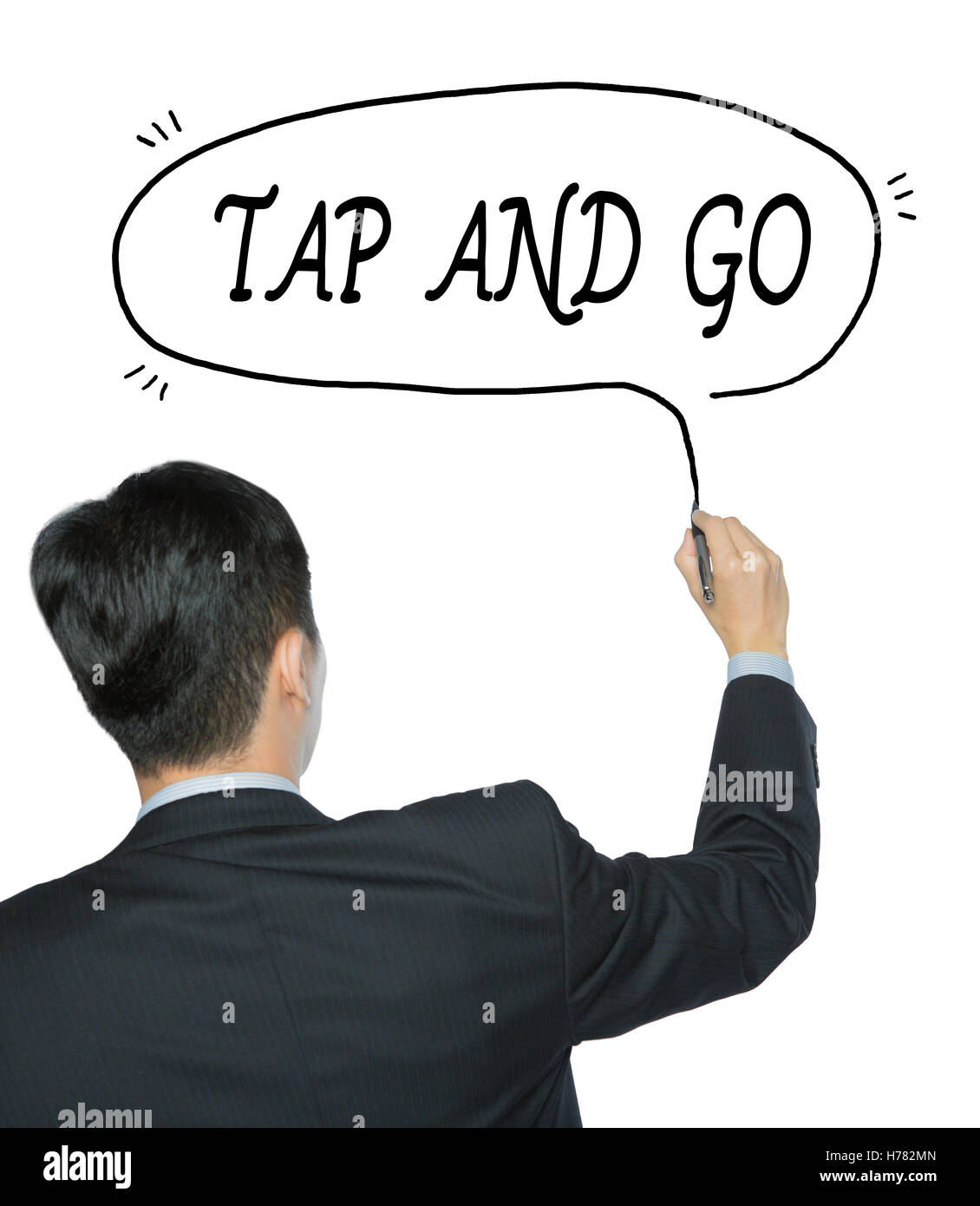 tap and go written by businessman in black suit, hand writing on ...