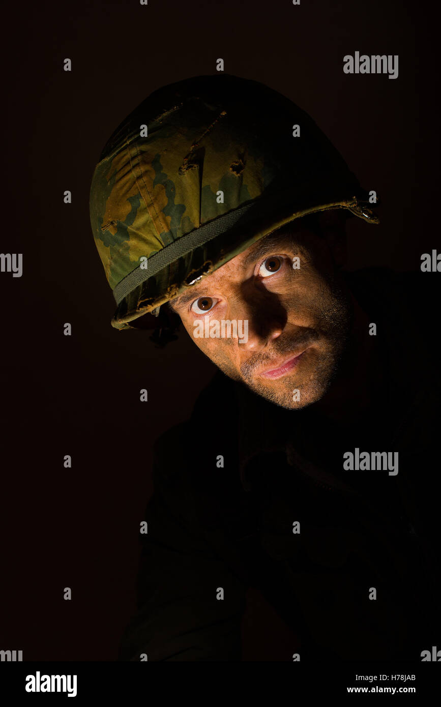 Portrait of a battle stressed American soldier from the Vietnam War ...