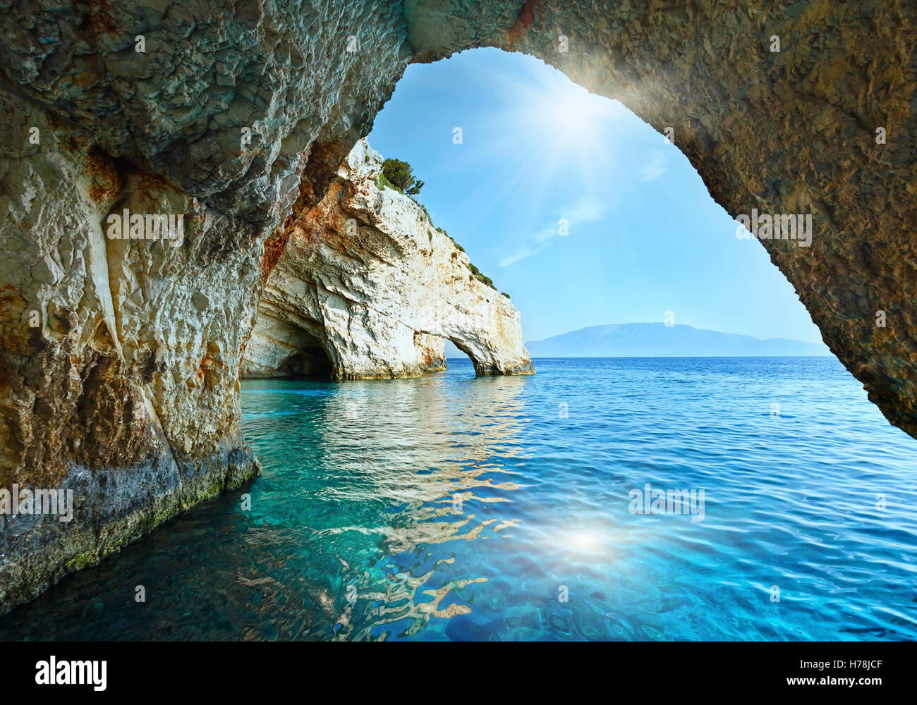 Sunshine in Blue Cave arch view from boat (Zakynthos, Greece, Cape ...