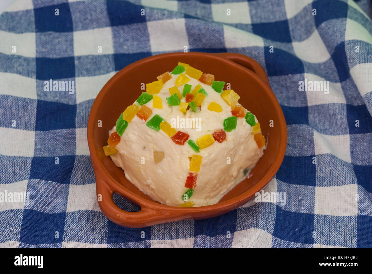 Traditional Russian cottage cheese dessert (paskha) with candied fruits ...