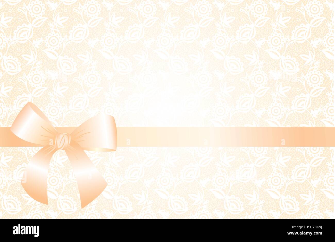 Delicate beige background with lace floral pattern and a bow in a retro ...