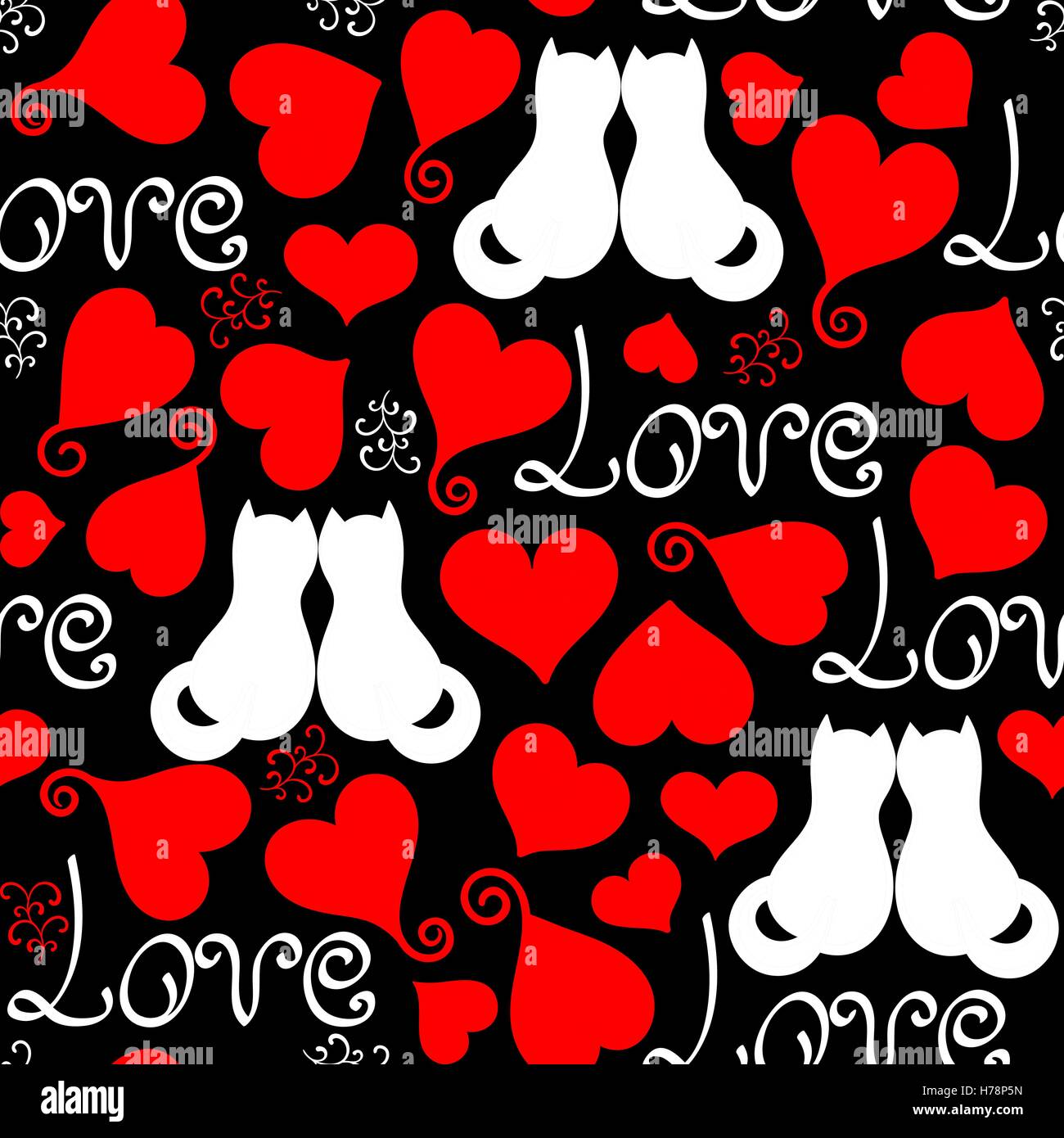 vector hand drawn line red, black and white hearts, lettering and cats ...