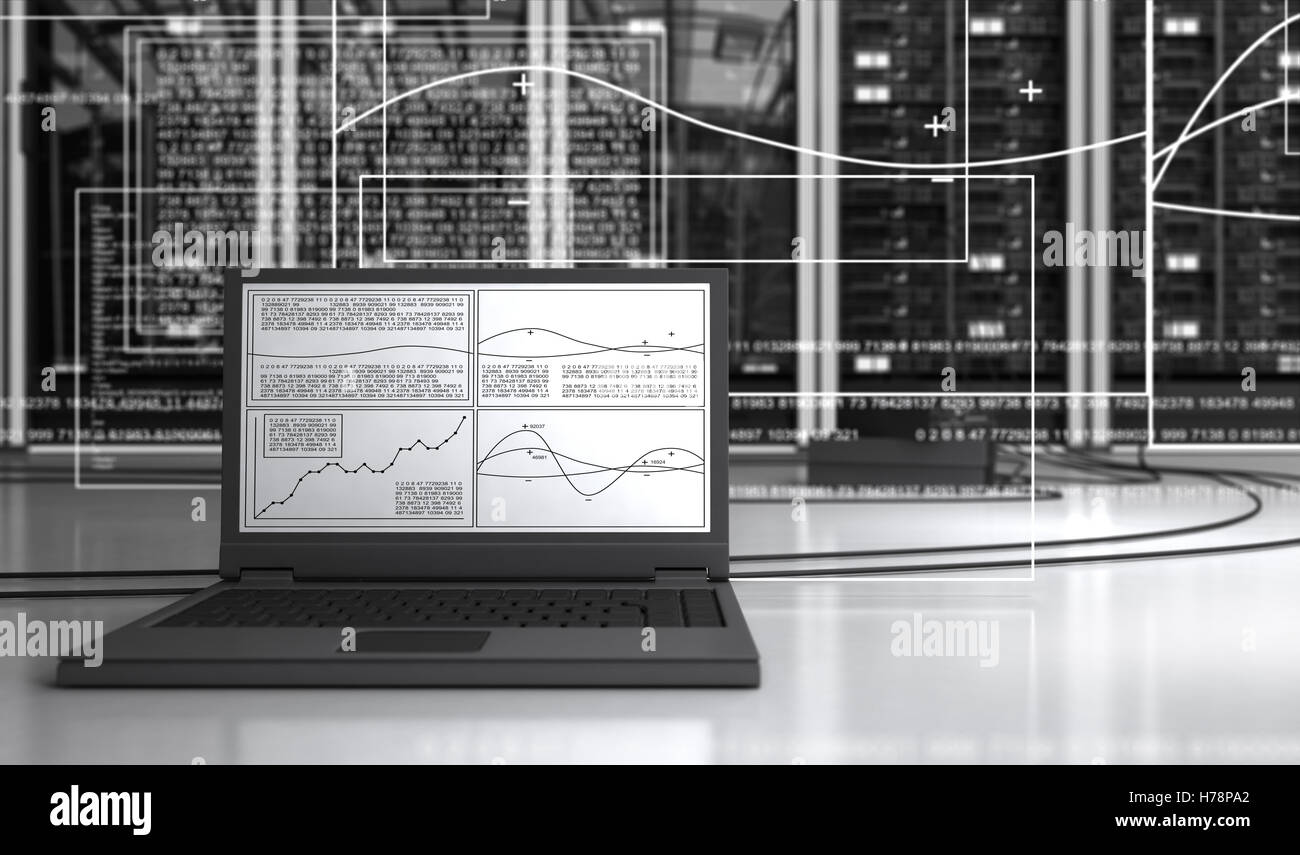 Hardware in the server room and laptop - 3D Rendering Stock Photo - Alamy