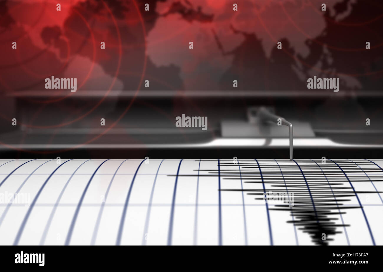 Seismograph with paper in action and earthquake - 3D Rendering Stock ...