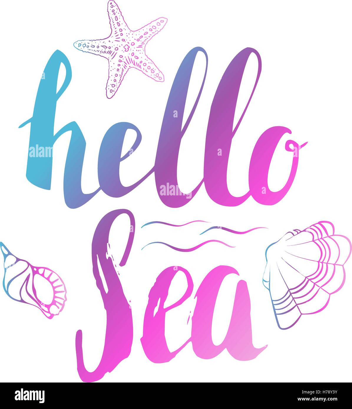 Hello sea. Hand drawn lettering isolated on white background. Design element in vector Stock ...