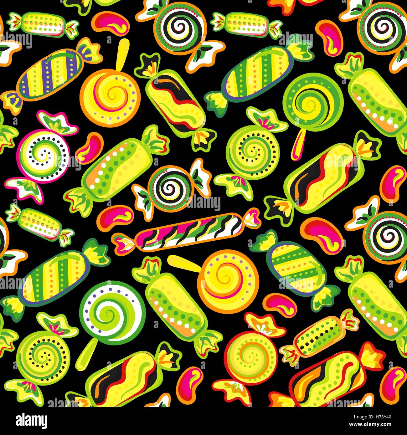 Seamless background with various candies. Vector illustration. Bright ...