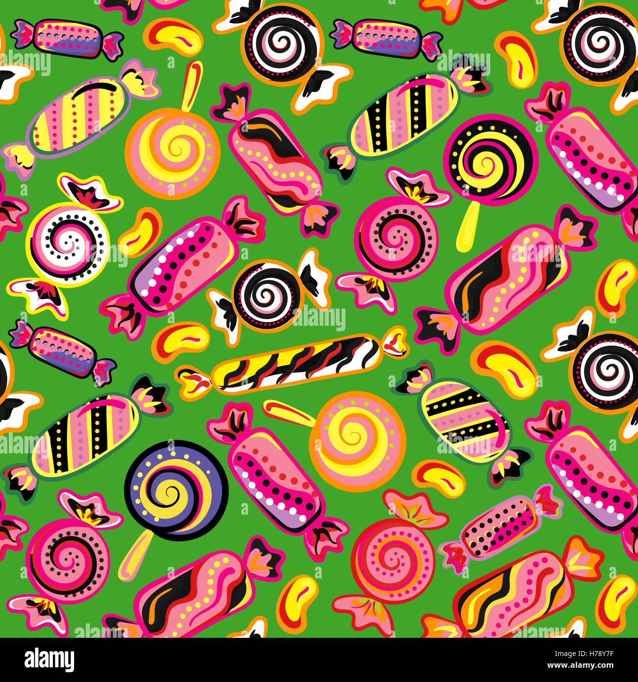 Seamless background with various candies. Vector illustration. Bright ...