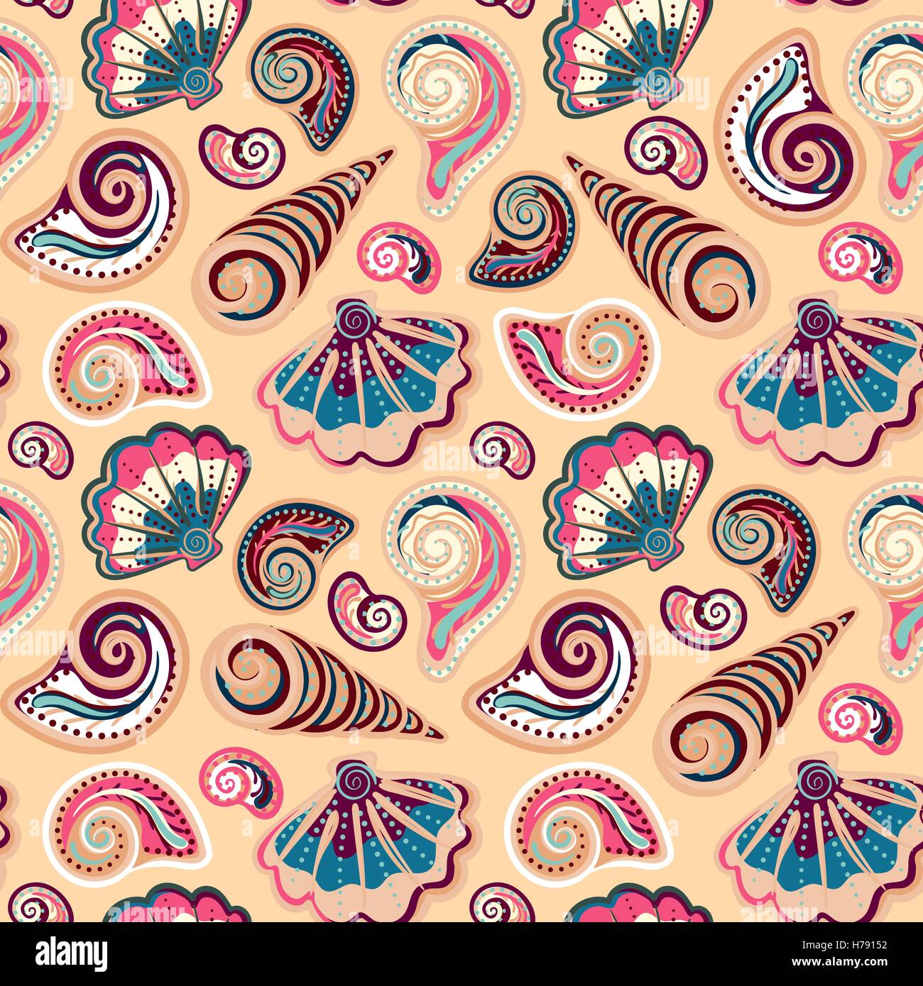 Seamless pattern with shells. Summer vector colorful background. Hand ...