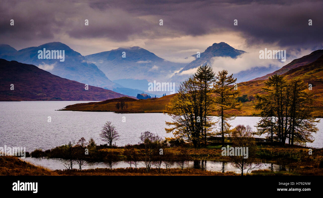 Storm clouds gather over mountains at the head of Loch Arklet, Loch ...