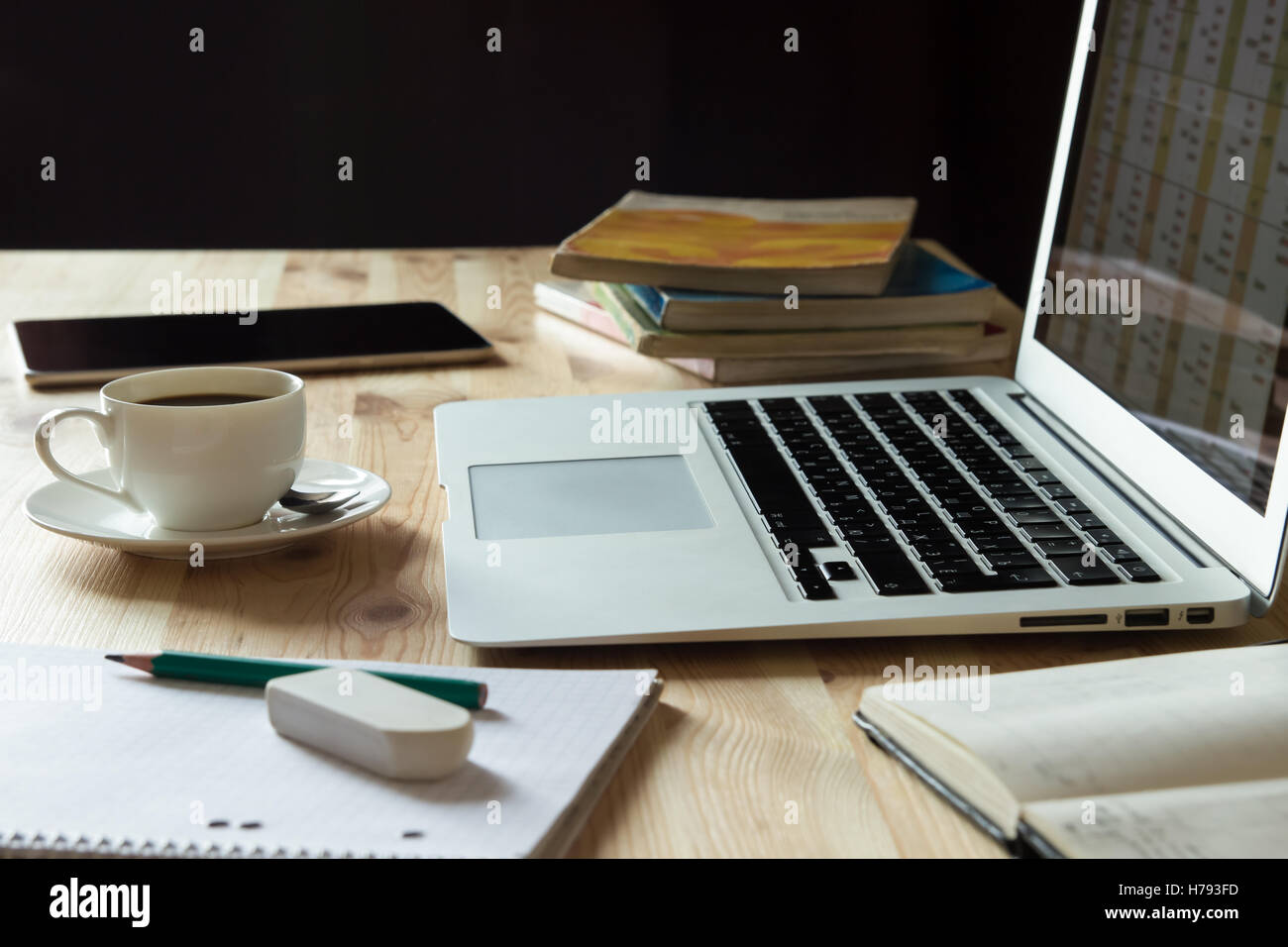 Home workplace desk with laptop, books and coffee Stock Photo - Alamy