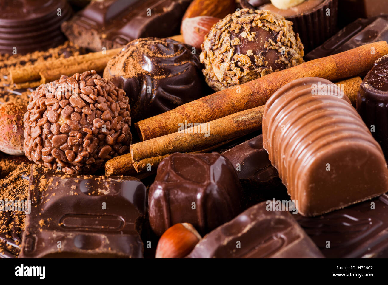 Assortment of chocolates, truffles, candies, chocolate barks, spices ...