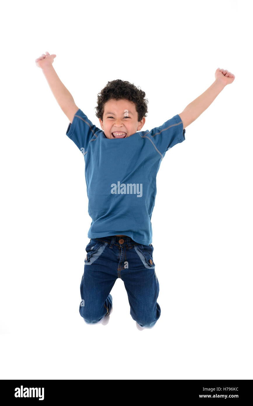 Active Happy Boy Jumping High Isolated on White Background Stock Photo ...