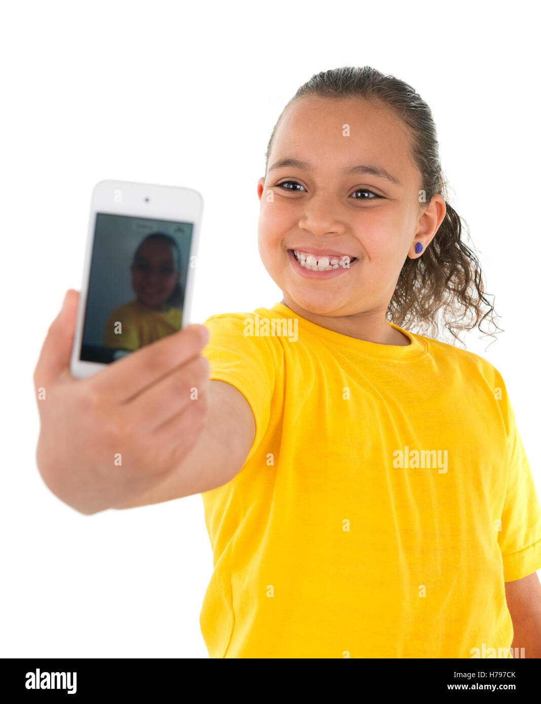 Young Girl Taking a Self Portrait With Phone Camera Isolated on White ...