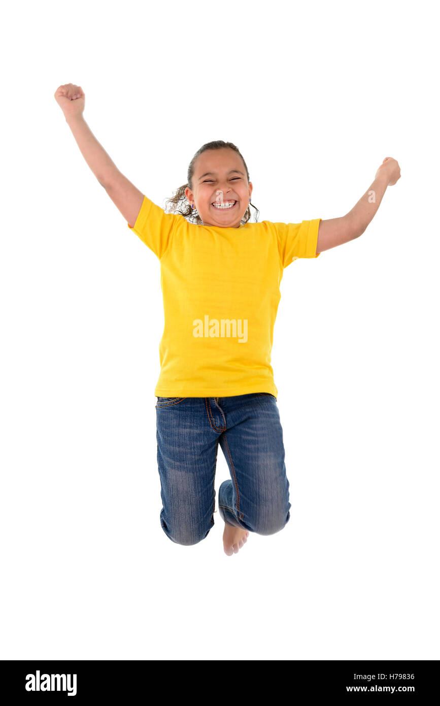 Active Joyful Girl Jumping Isolated on White Background Stock Photo - Alamy