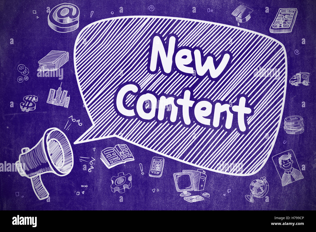 New Content - Cartoon Illustration on Blue Chalkboard Stock Photo - Alamy
