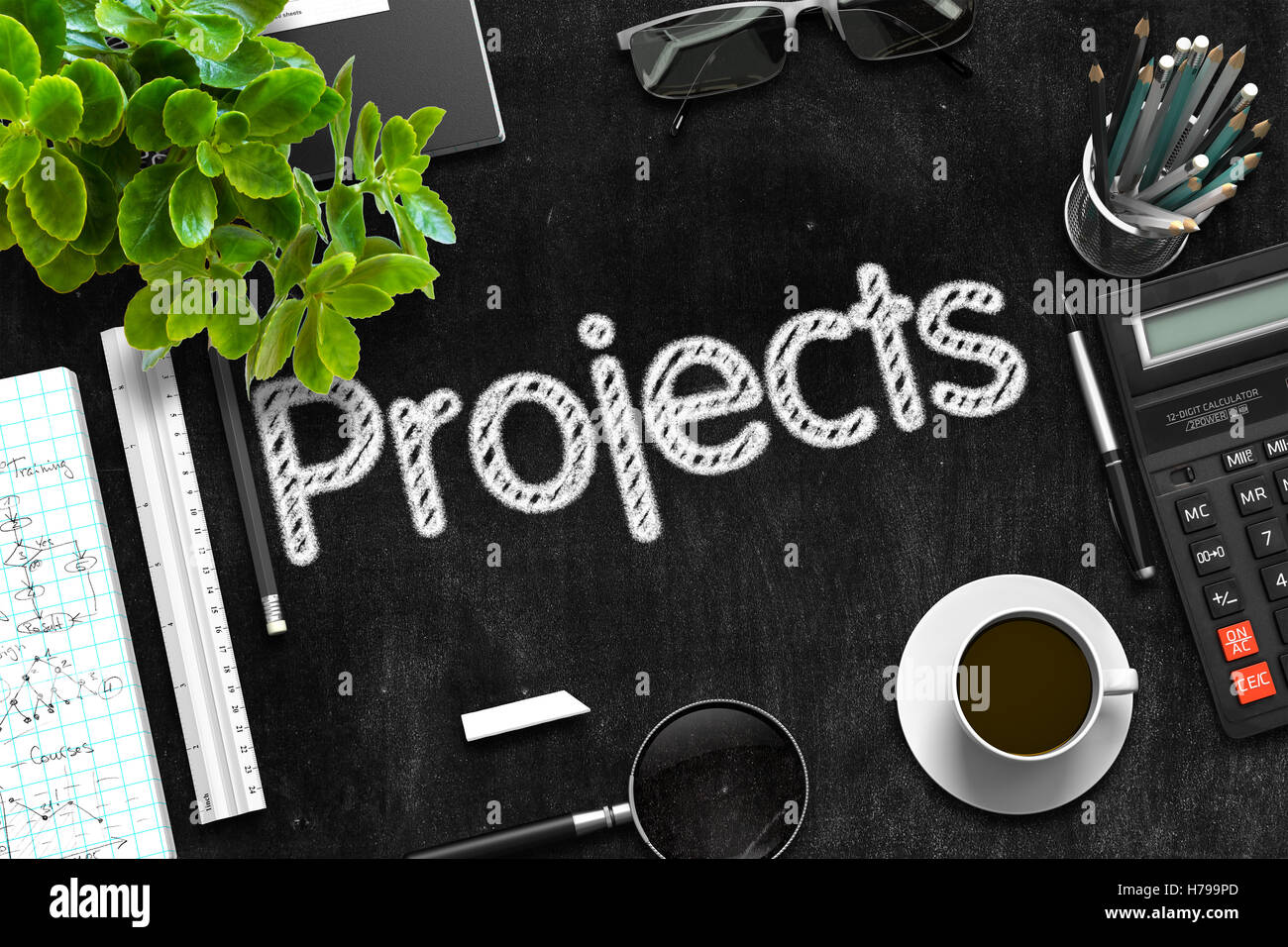 Projects Concept on Black Chalkboard. 3D Rendering Stock Photo - Alamy