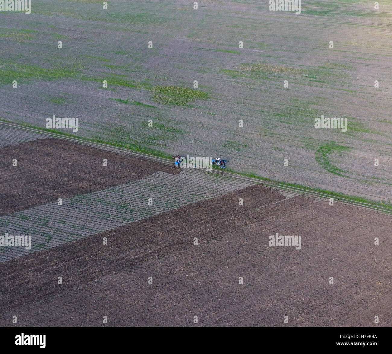 Top view of the tractor that plows the field. disking the soil. Soil ...