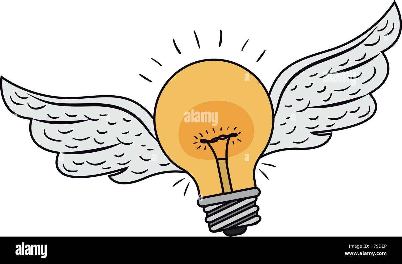 yellow bulb light with wings flying over white background. vector ...