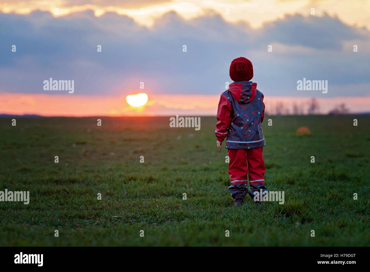 Two adorable children, boy brothers, watching beautiful splendid sunset ...