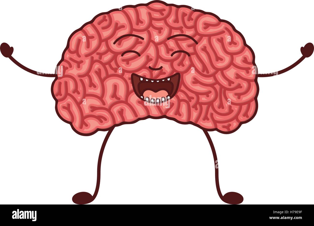 cartoon human brain organ with happy expression icon over white ...