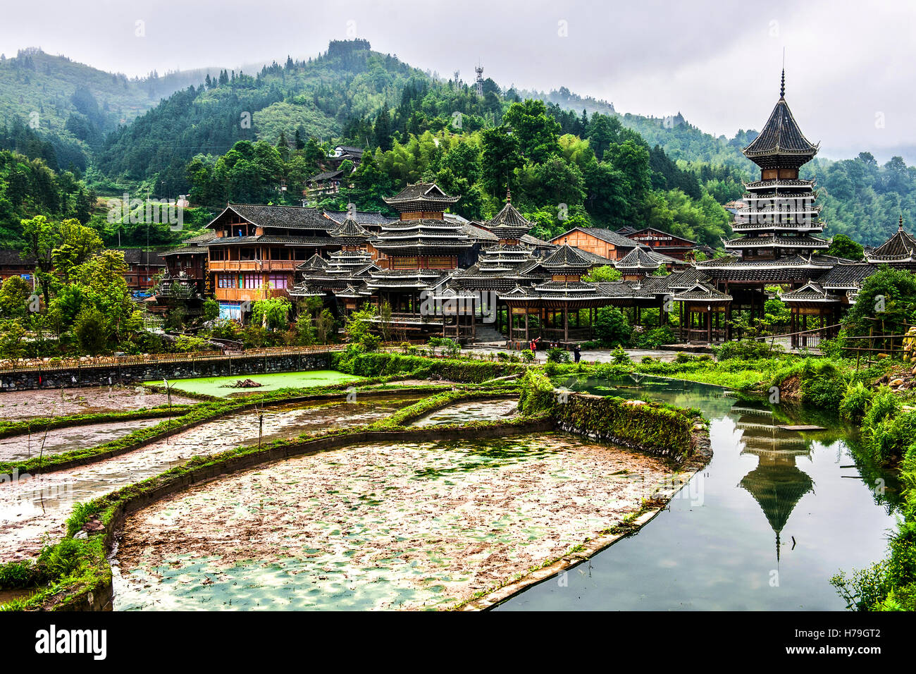 Among the terraces appear the bridges and temples of Dong village ...