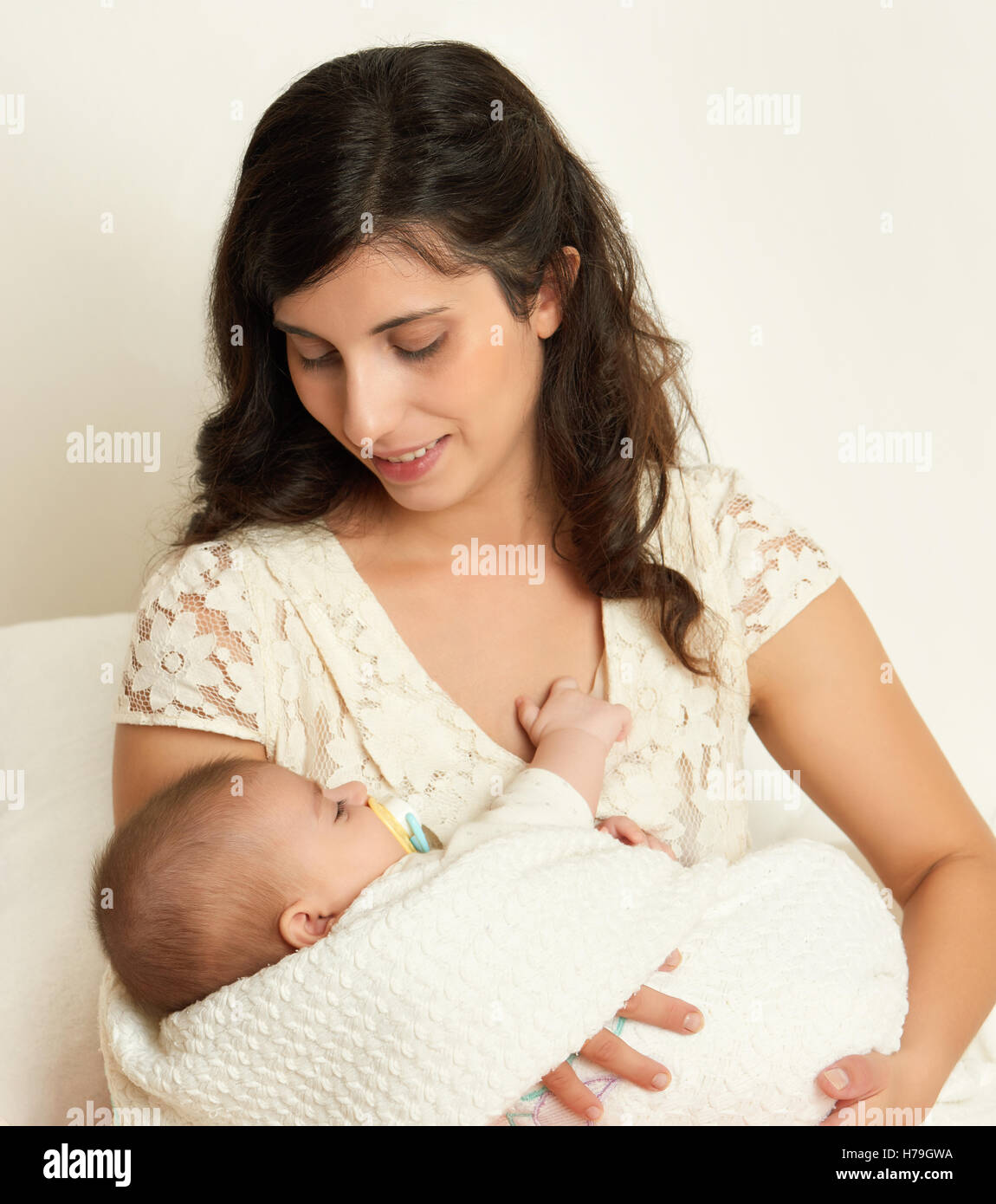 mother with baby on hand portrait, happy maternity concept Stock Photo ...