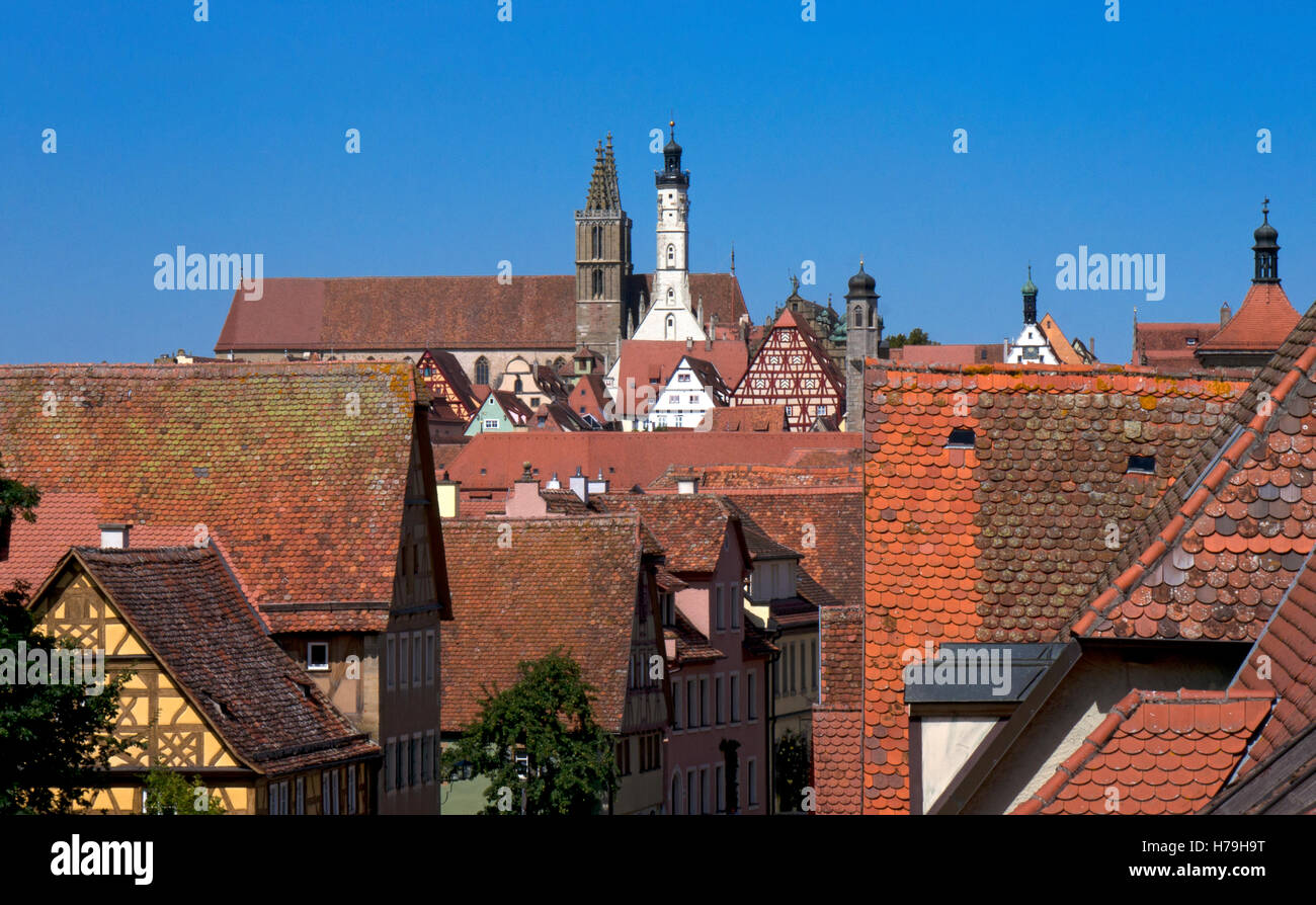 View over rooftops to centre of Rothenburg ob der Tauber,medieval town ...
