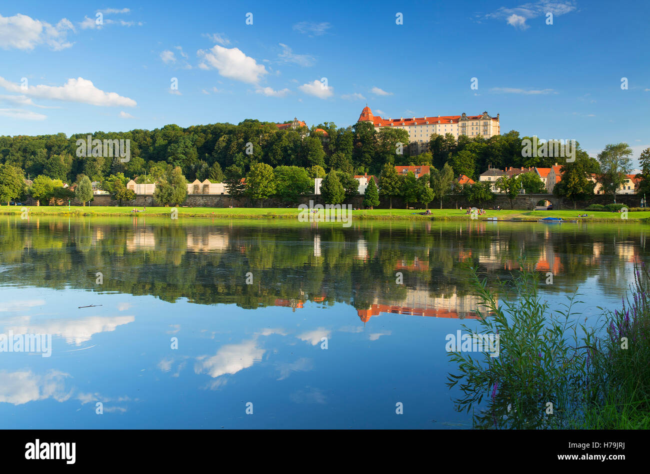 View of River Elbe and Sonnenstein Castle, Pirna, Saxony, Germany Stock ...