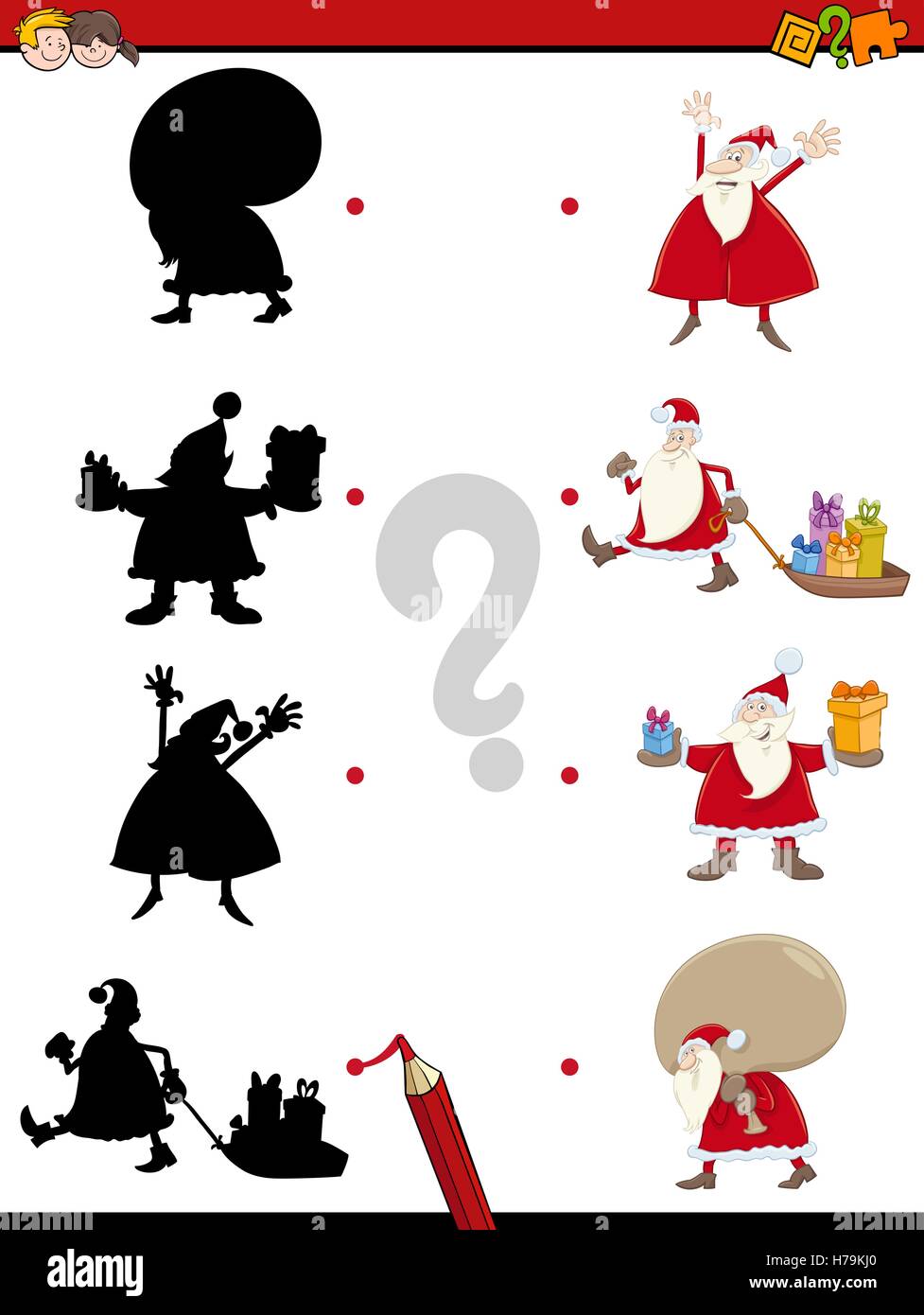Cartoon Illustration of Educational Shadow Game for Children with Santa ...