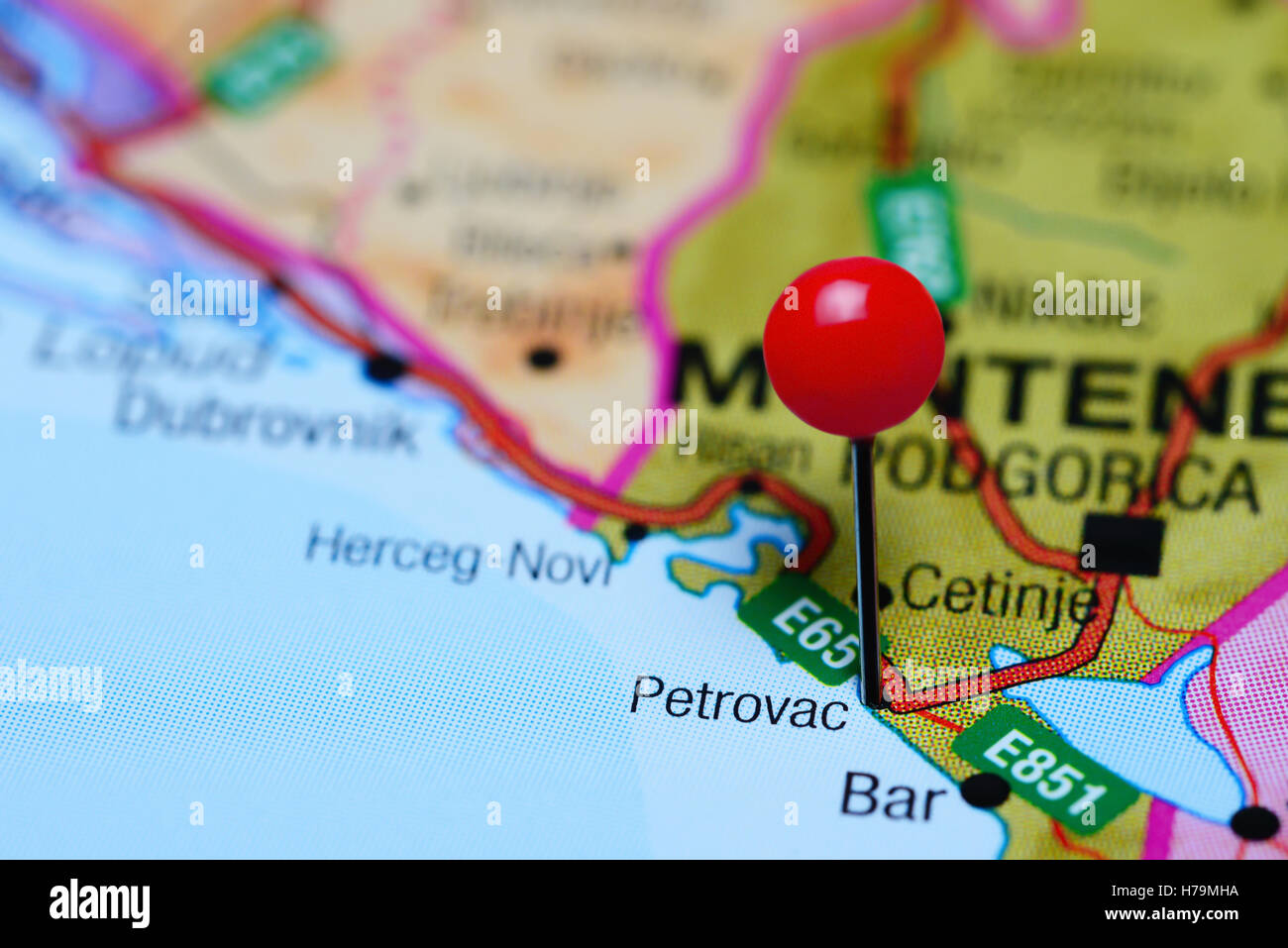 Petrovac pinned on a map of Montenegro Stock Photo - Alamy