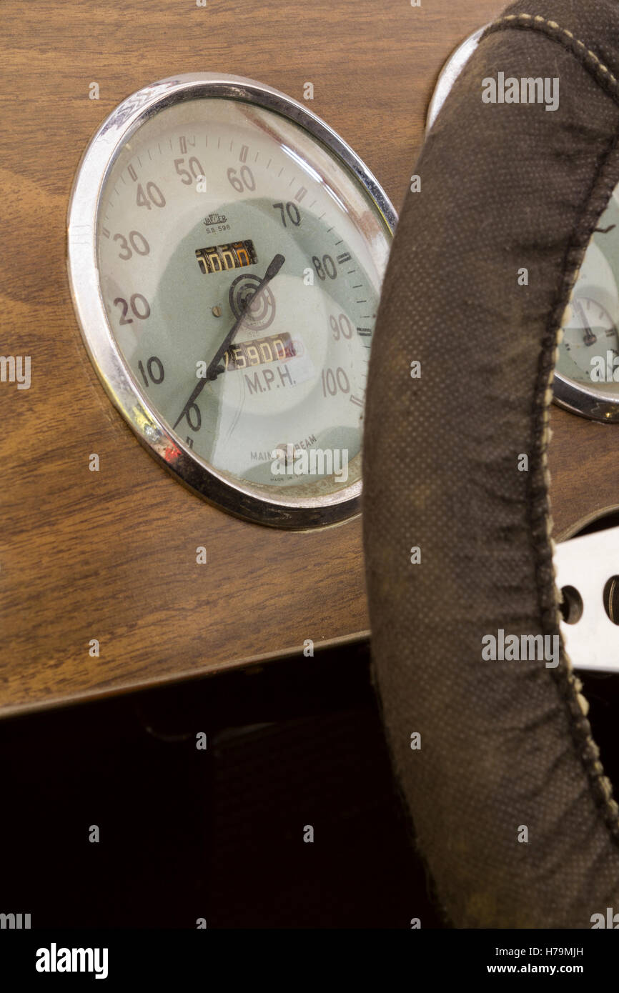 Detail of speedometer and steering wheel of 1953 MG TD Midget during ...
