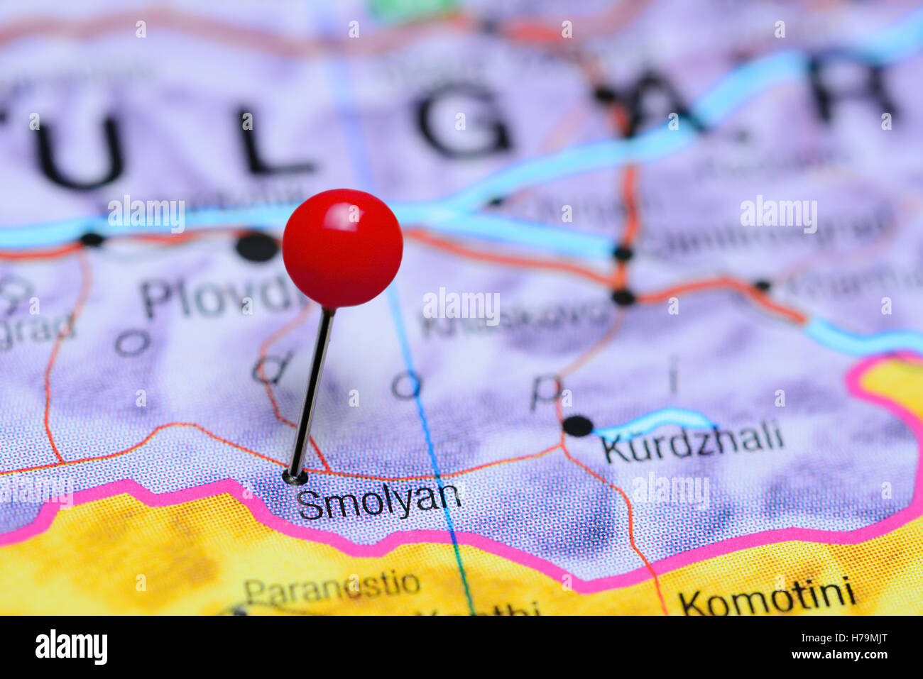 Smolyan pinned on a map of Bulgaria Stock Photo - Alamy