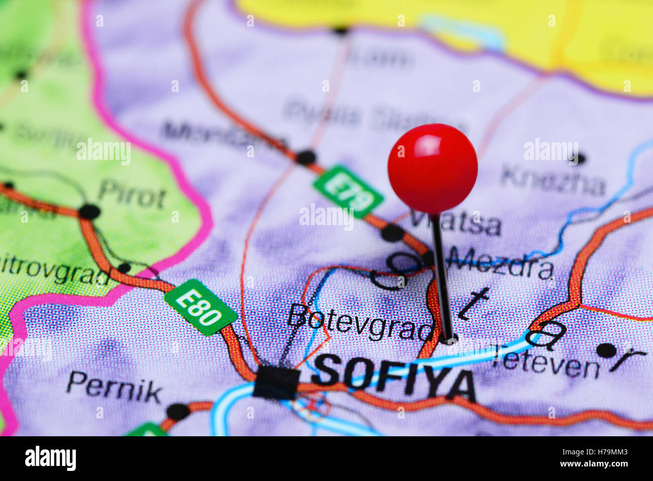 Botevgrad pinned on a map of Bulgaria Stock Photo - Alamy