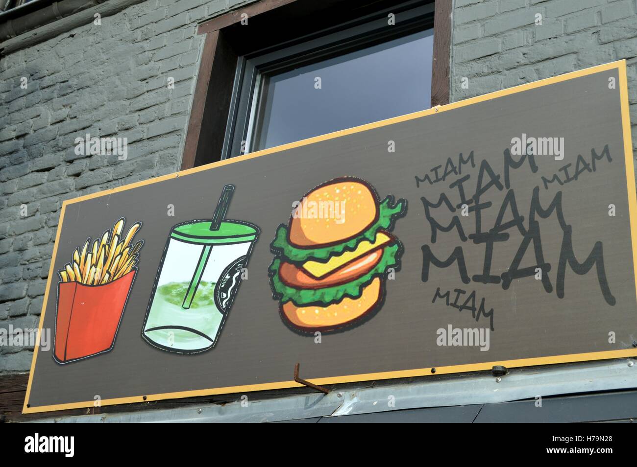 Product sign for a snack with hambutgers, fries, hot dogs, ice cream ...