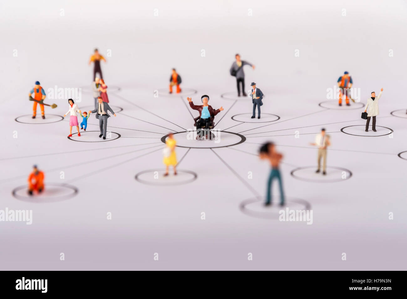 close up of miniature people with social network diagram Stock Photo ...