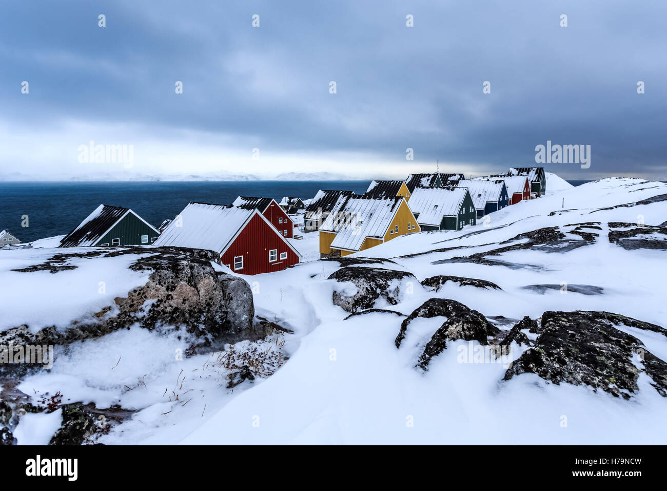 Frozen Inuit houses covered in snow. Nuuk, Greenland Stock Photo - Alamy