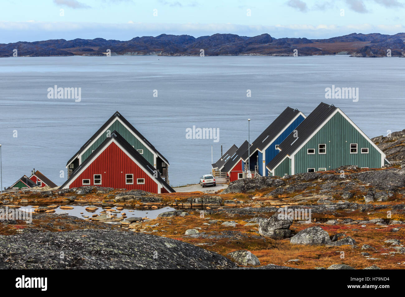 Colorful living blocks of Nuuk city at the fjord, Greenland Stock Photo ...