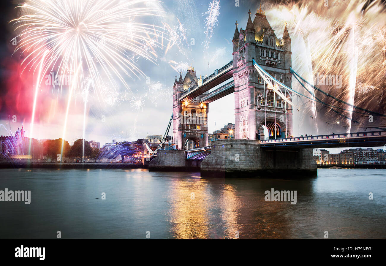 fireworks over the River Thames in London - celebrating New Year in the ...