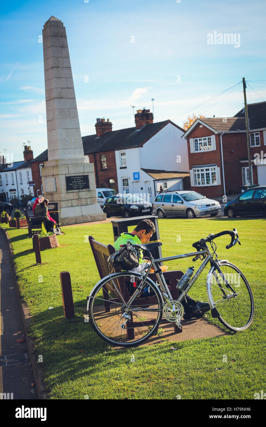 A cyclist stops for a break at the Cyclists Memorial in Meriden. The ...