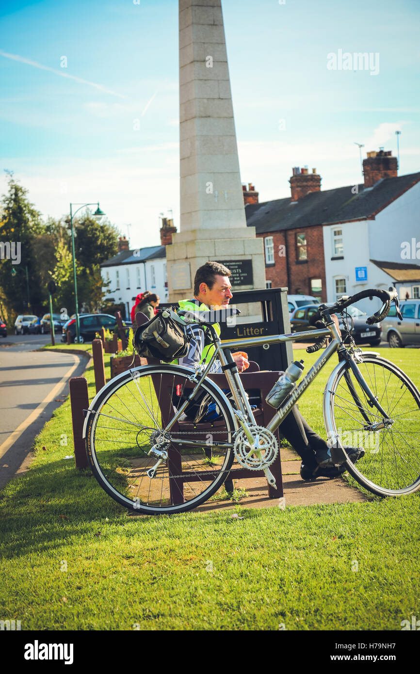 A cyclist stops for a break at the Cyclists Memorial in Meriden. The ...