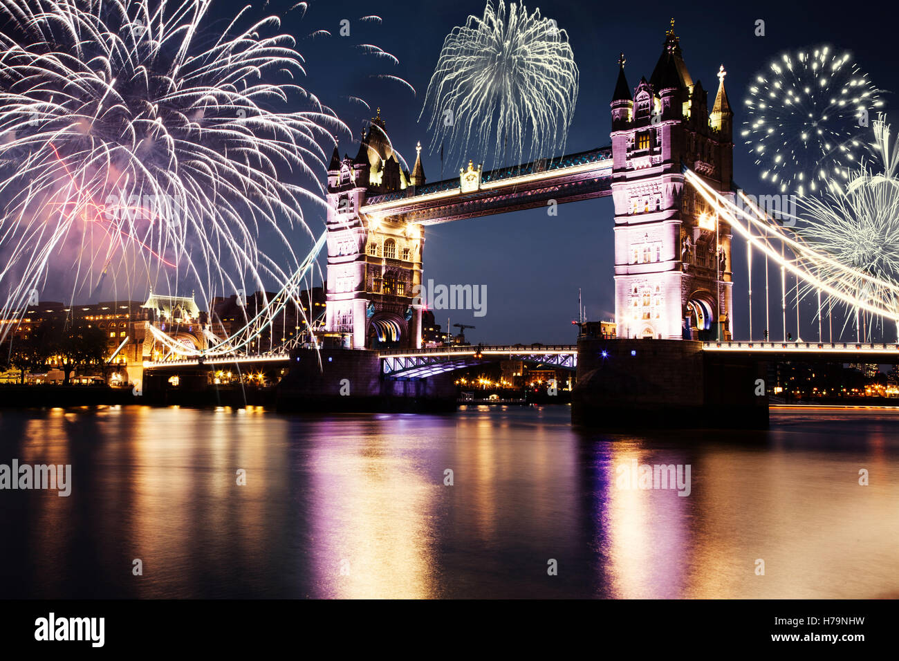 fireworks over the River Thames in London - celebrating New Year in the ...
