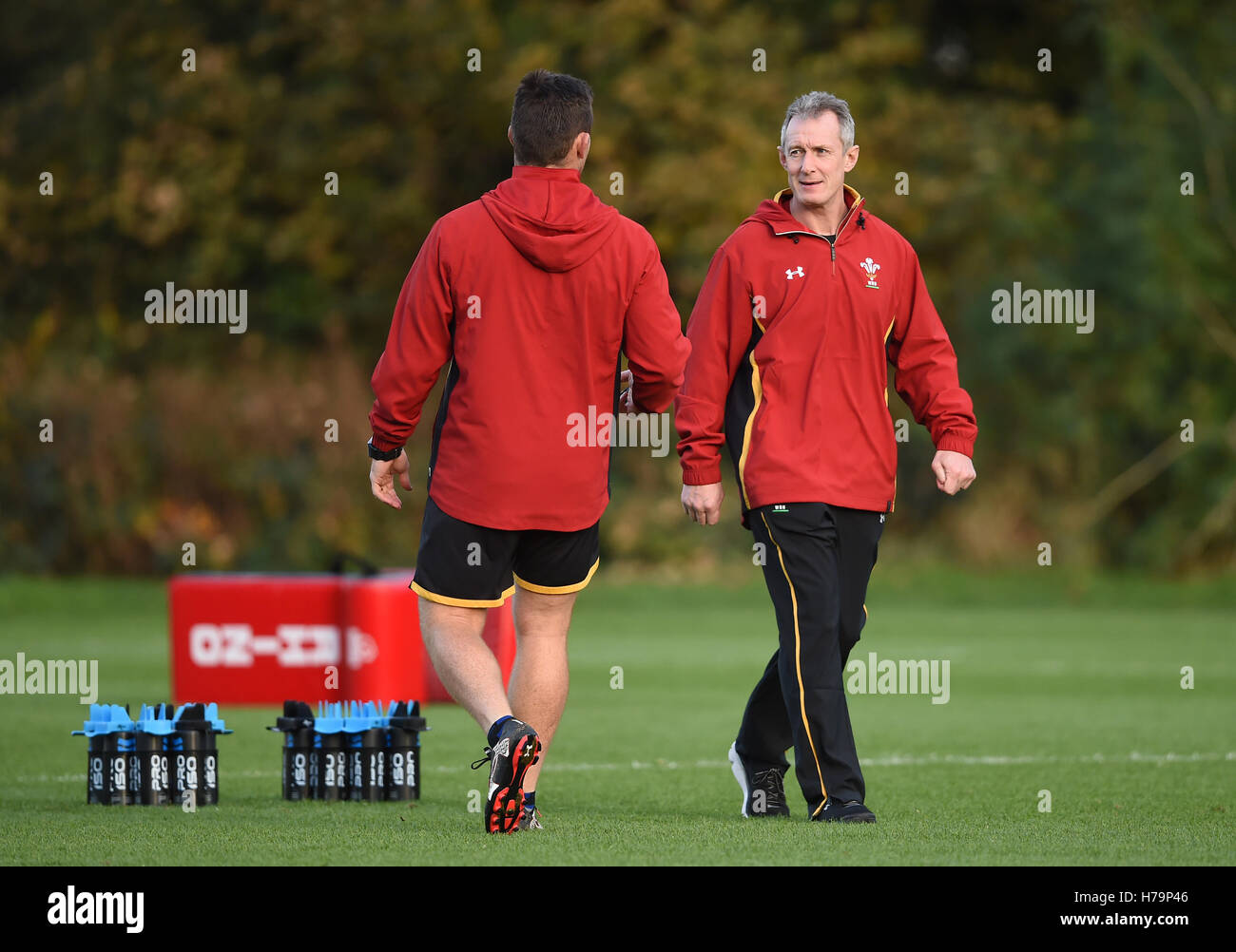 Wales coach Rob Howley (right) during a training session at the Vale ...