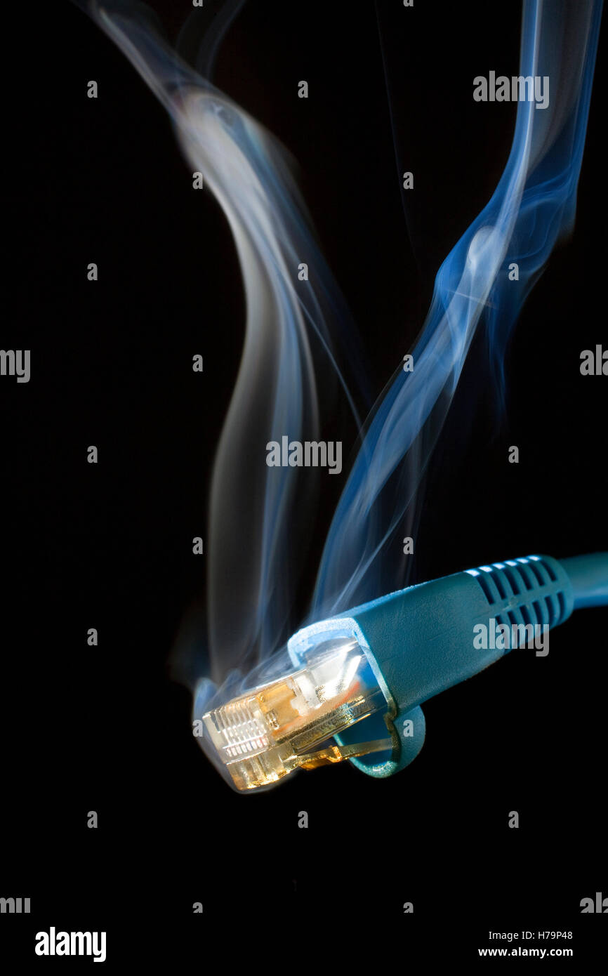 Smoke that is rising from a network connection with a black background ...